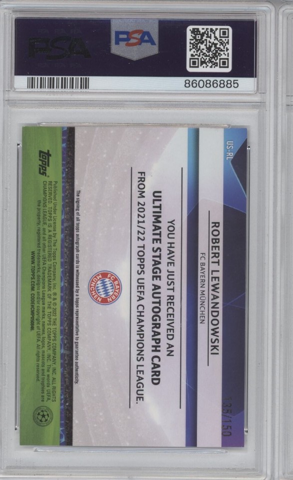 ROBERT LEWANDOWSKI 2021-22 Topps UCL Ultimate Stage Autograph #USRL PSA ...