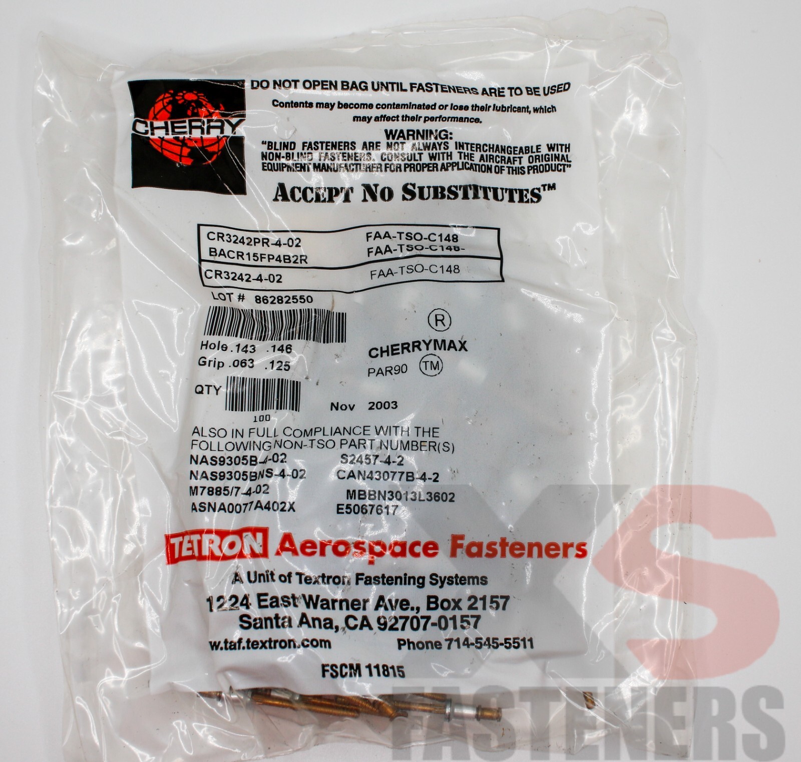 Cherry Rivet CR3242-4-2 (Blind Rivets) Hole Size .143-.146 Grip Range ...