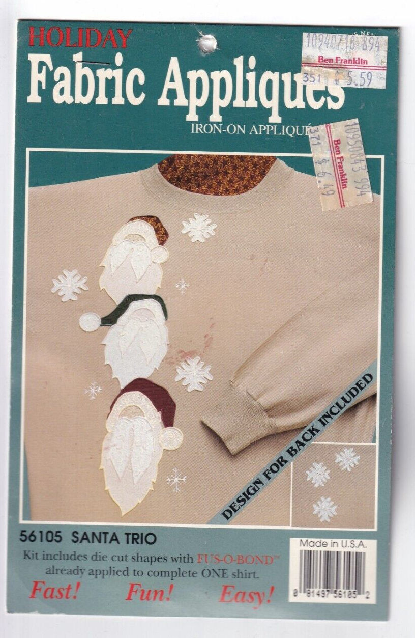 Holiday Fabric Appliques Iron On Santa Trio 56105 New Christmas Holiday ...