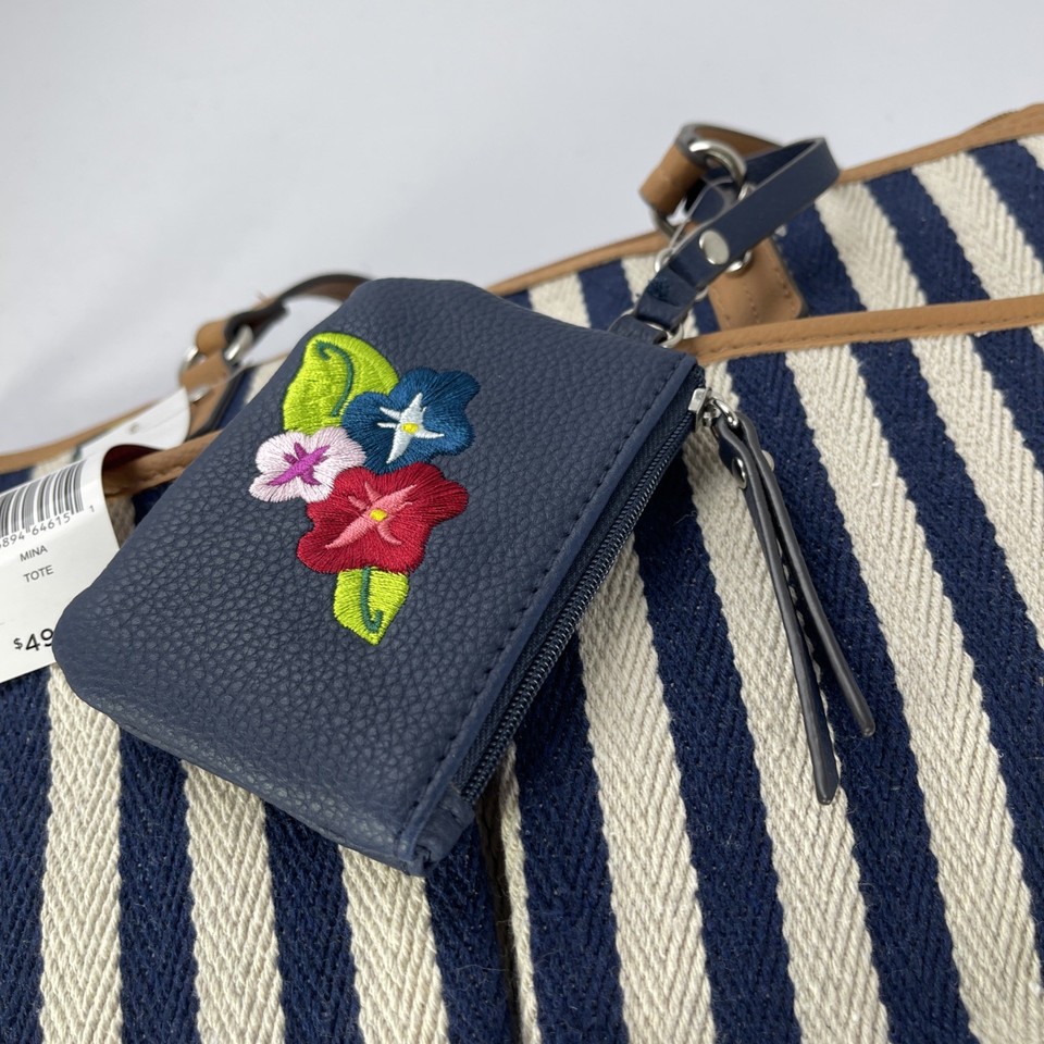 NWT ROSETTI Handbag Purse Blue White Stripe Herringbone W/ Blue Flower ...