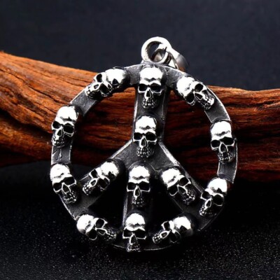Silver Skull Peace Sign Pendant Necklace Chain Men's Punk Rock Biker ...