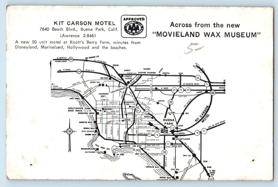 Lawrence California Postcard Kit Carson Motel Buena Park Exterior 1960 ...