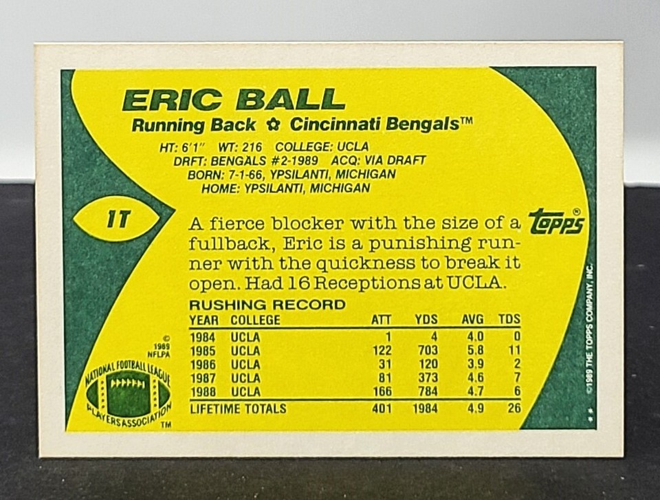 ERIC BALL Signed 1989 Topps Traded Football Card #1T Cincinnati Bengals ...