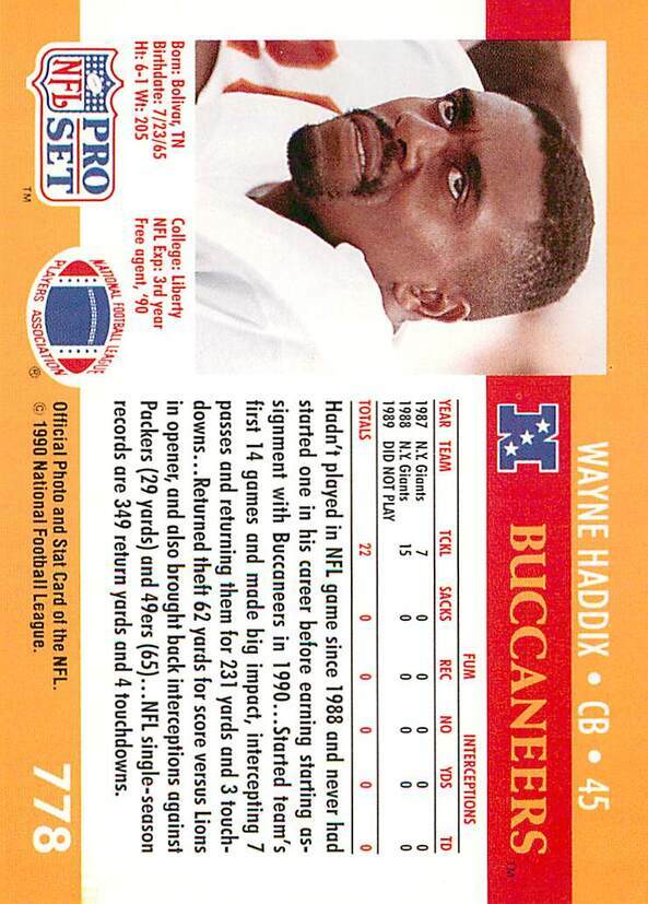 Wayne Haddix PROS, RC, 778 1990 Pro Set Final Update Tampa Bay ...