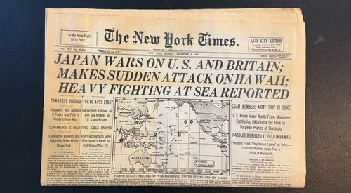 Pearl Harbor World War II Newspaper New York Times December 8, 1941 ...