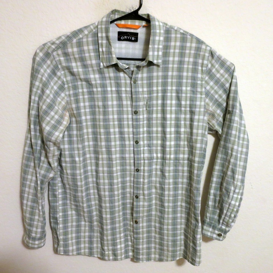 Orvis Shirt Mens Large Long Sleeve Button Outdoor Green White Striped ...