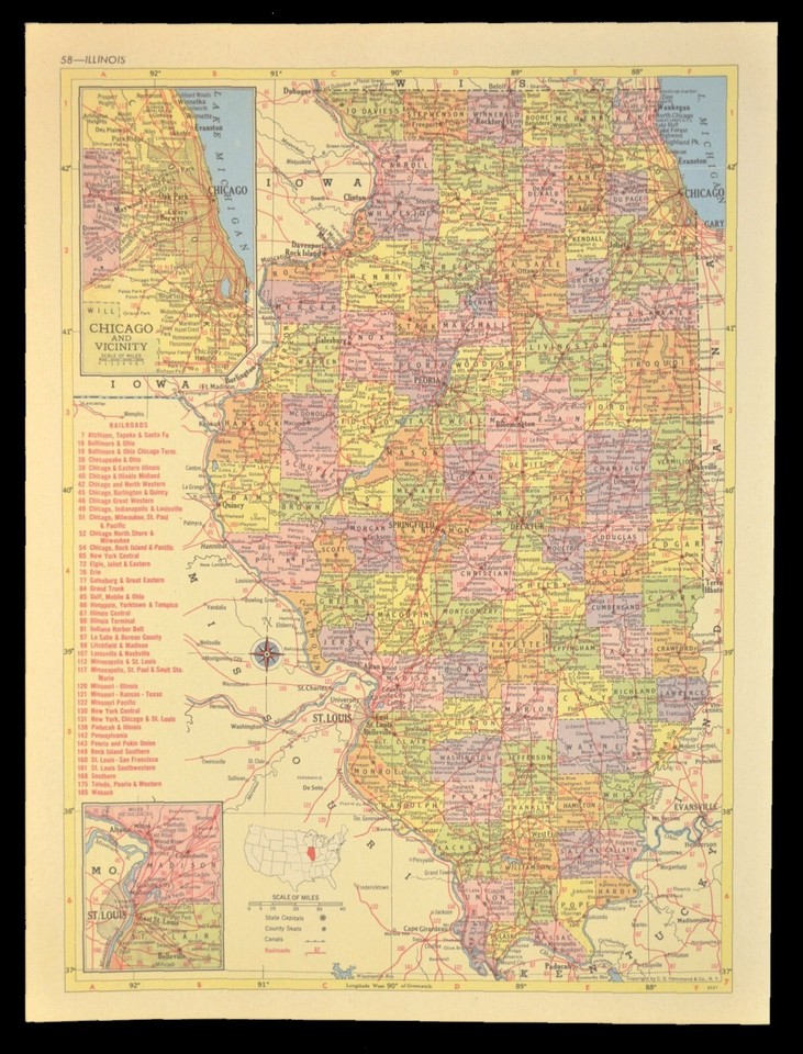 1950s ILLINOIS Railroad Map Illinois Central RR GMO RR Original ...