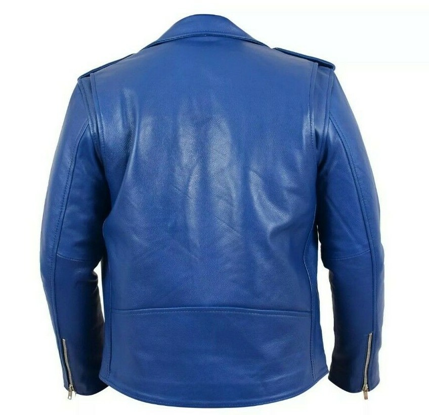 Mens Brando Genuine Leather Jacket Motorcycle Perfecto Blue Marlon ...