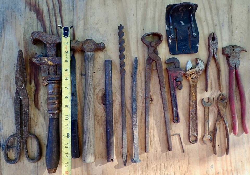Vintage Primitive Barn Tools Pliers Wrenches Hammer Shears & More Lot ...