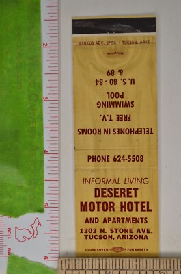 Vintage Matchbook Cover Deseret Motor Hotel Tucson Arizona Lz3 | eBay