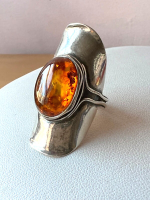 HUGE ISRAEL MODERNIST AMBER CABOCHON KNUCKLE RING 925 STERLING SILVER ...