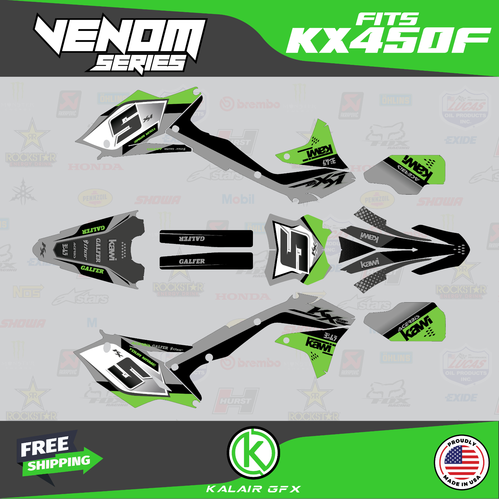 Graphics Kit for Kawasaki KX450F (2016-2018) KX 450F Venom Series ...