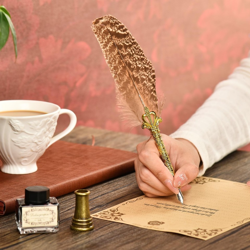 Quill Pen Ink Set - Calligraphy Pen Ink Set Includes Feather Pen with ...