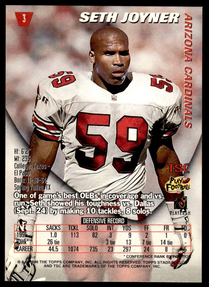 1996 Stadium Club Football Card Seth Joyner A Arizona Cardinals #3 | eBay