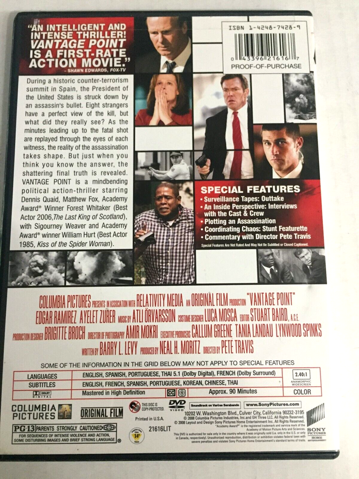 Vantage Point Dennis Quaid Forest Whitaker DVD Ships Free Same Day With ...