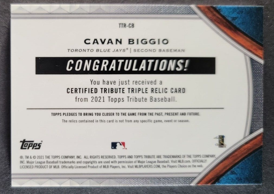 Cavan Biggio 2021 Topps Tribute #TTR-CB Triple Relics Green SP #69/99 ...