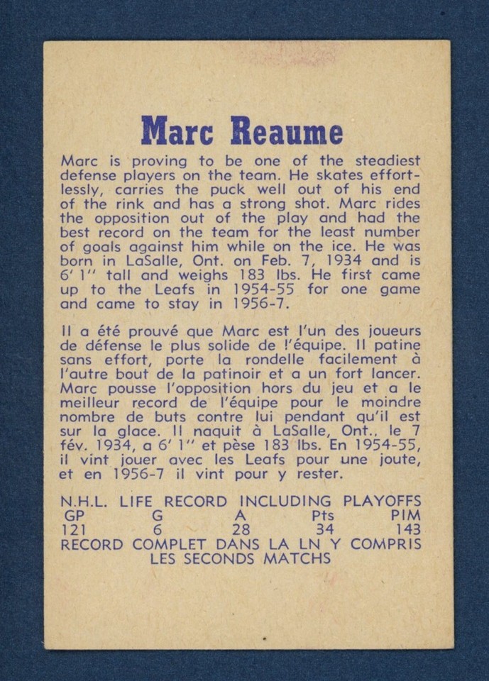 1957 PARKHURST HOCKEY # 12 MARC REAUME - MAPLE LEAFS (HC-EXCHANGE) FREE ...