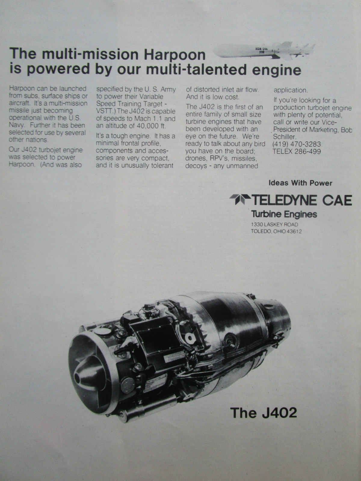 4/1979 PUB TELEDYNE CAE TURBINE ENGINES HARPOON MISSILE J402 TURBOJET ...