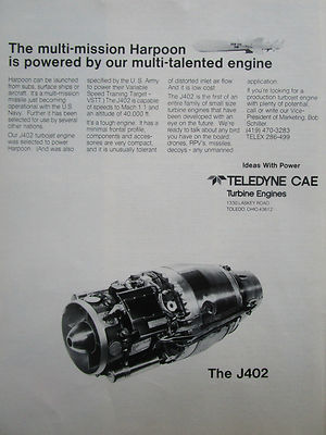 4/1979 PUB TELEDYNE CAE TURBINE ENGINES HARPOON MISSILE J402 TURBOJET ...