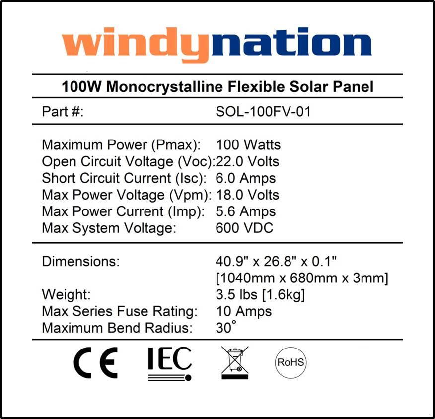 WindyNation 100 Watt 12V Flexible Solar Panel with Monocrystalline ...