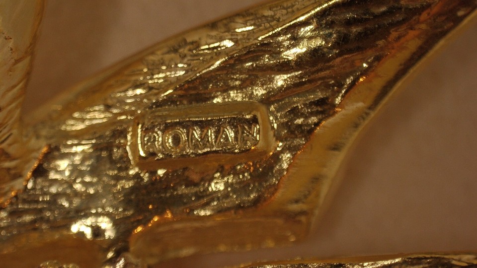 VINTAGE LARGE BOW SIGNED ROMAN GOLD TONE RHINESTONE TEXTURED RIBBON ...