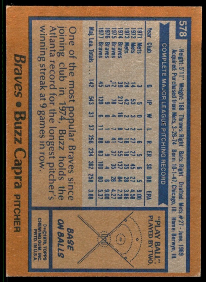 1978 TOPPS BUZZ CAPRA ATLANTA BRAVES #578 (102) | eBay