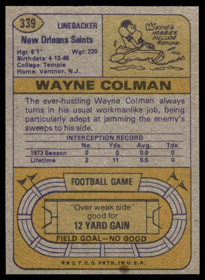 1974 Topps Wayne Colman New Orleans Saints #339 | eBay