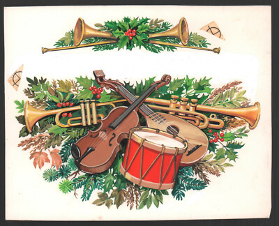 Musical Instruments on Holly 875-13 Original Christmas Greeting Card ...