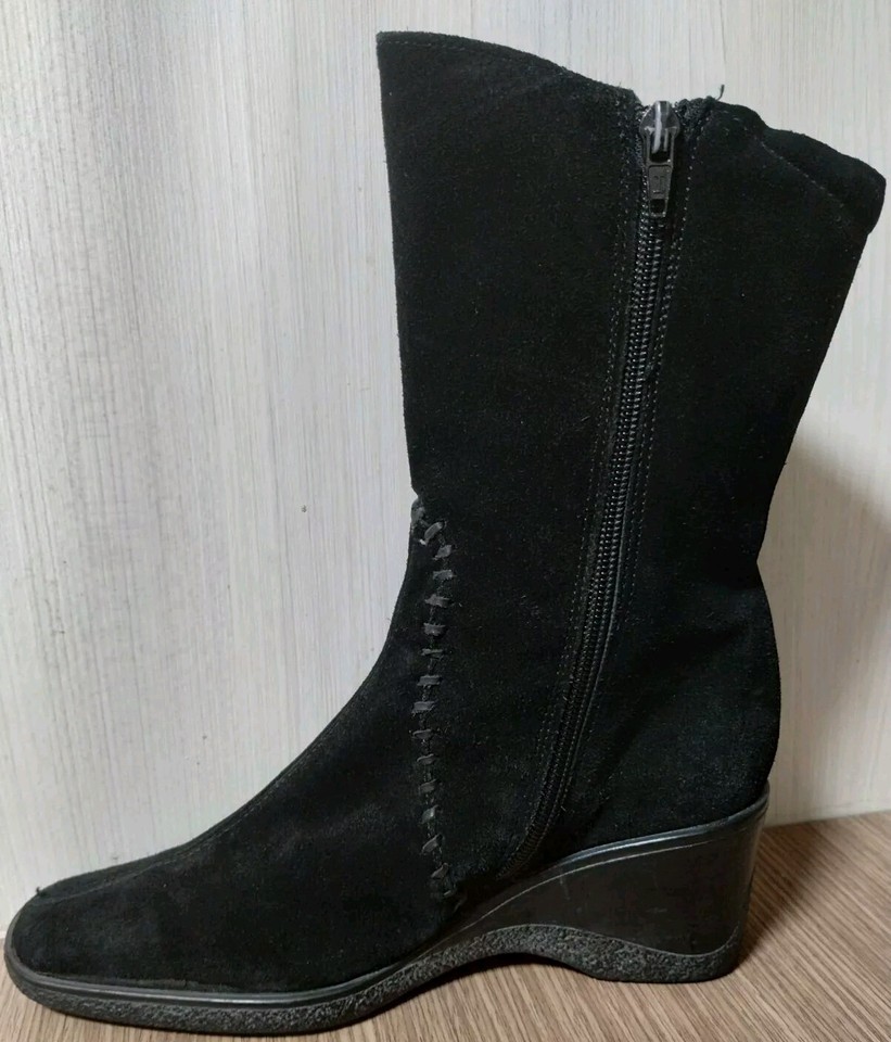 AQUATALIA Black Leather Suede Whip Stitch Wedge Boots Size 7 Made in ...