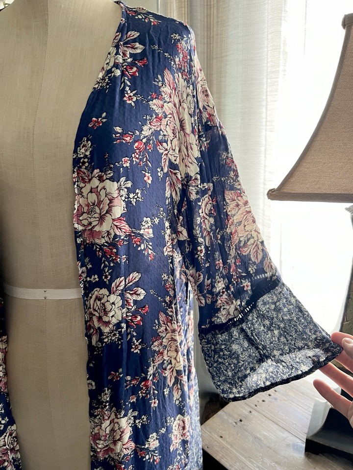 Knox Rose Kimono Duster Blue Floral Print Hippie Gypsy Boho Flowy Small ...