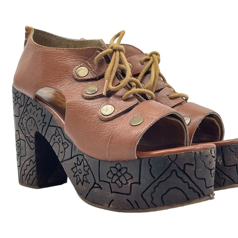 FREE PEOPLE Womens 10 41 Leather Sandals Platform Lace Up Clogs Wood ...