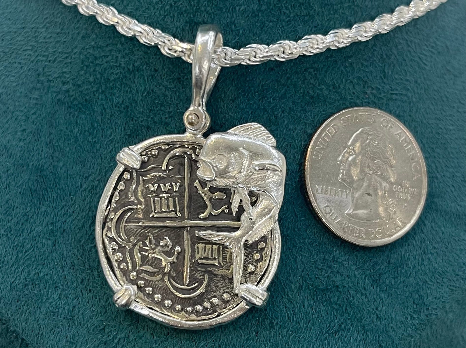 Solid Atocha shipwreck treasure Mel fisher silver coin pendant in fish ...
