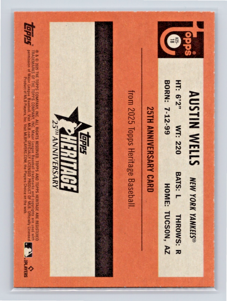 Austin Wells New York Yankees 2025 Topps Heritage 25th Anniversary #H25 ...