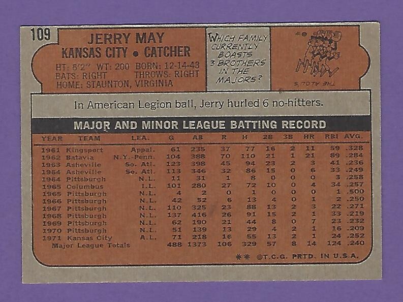 1972 Topps - #109 Jerry May - Kansas City Royals - ExMt+ | eBay