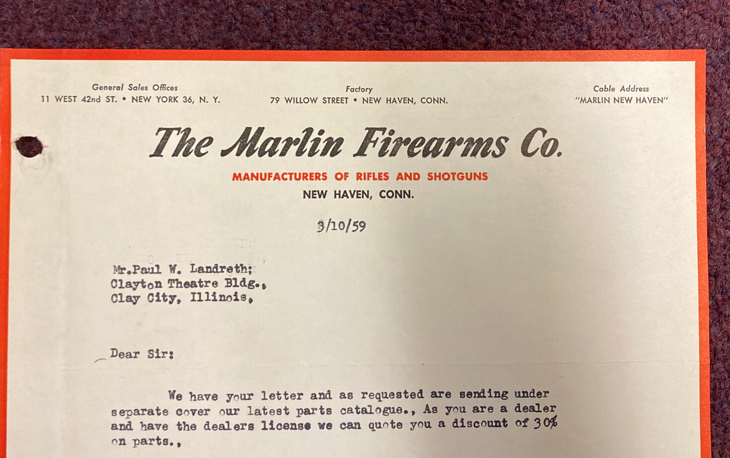 1959 Marlin Firearms Letter to Dealer | eBay