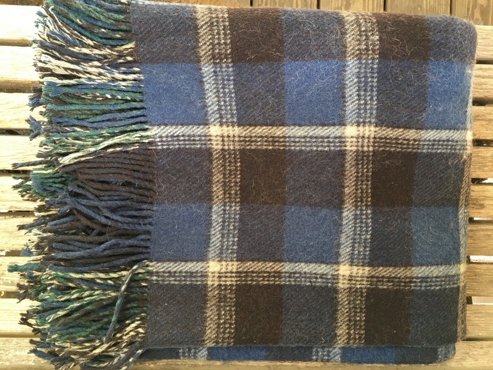 Vintage RH Macy & Co Wool blue Green Plaid Tartan Blanket throw fringes ...
