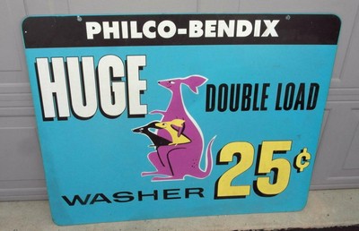 1950S PHILCO-BENDIX LAUNDROMAT 45" X 35" DOUBLE SIDED HARDBOARD SIGN ...