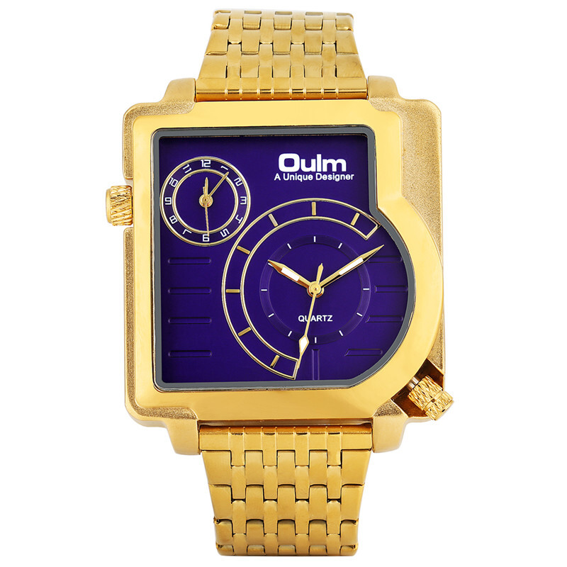 Oulm Men's Quartz Watch Dual Time Zones Wristwatch Square Dial Steel ...