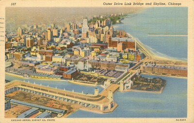 Outer Drive Link Bridge & Skyline, Chicago, IL - Vintage 1941 Postcard ...
