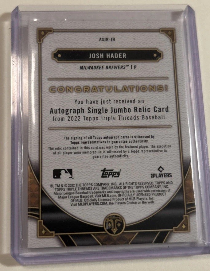 2022 Topps Triple Threads - Single Jumbo Relic Autograph Josh Hader # ...