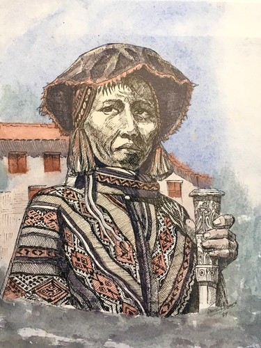 Vintage Original Portrait Painting Ink Drawing Andes Woman Quechua ...