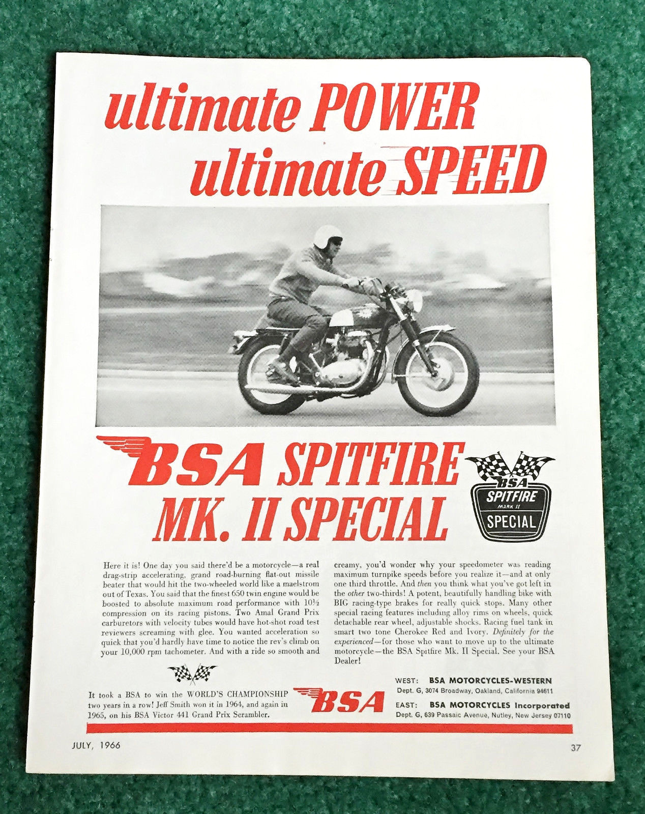 ORIGINAL 1966 BSA MOTORCYCLE MAGAZINE AD 650 SPITFIRE MK II MARK 2 ...