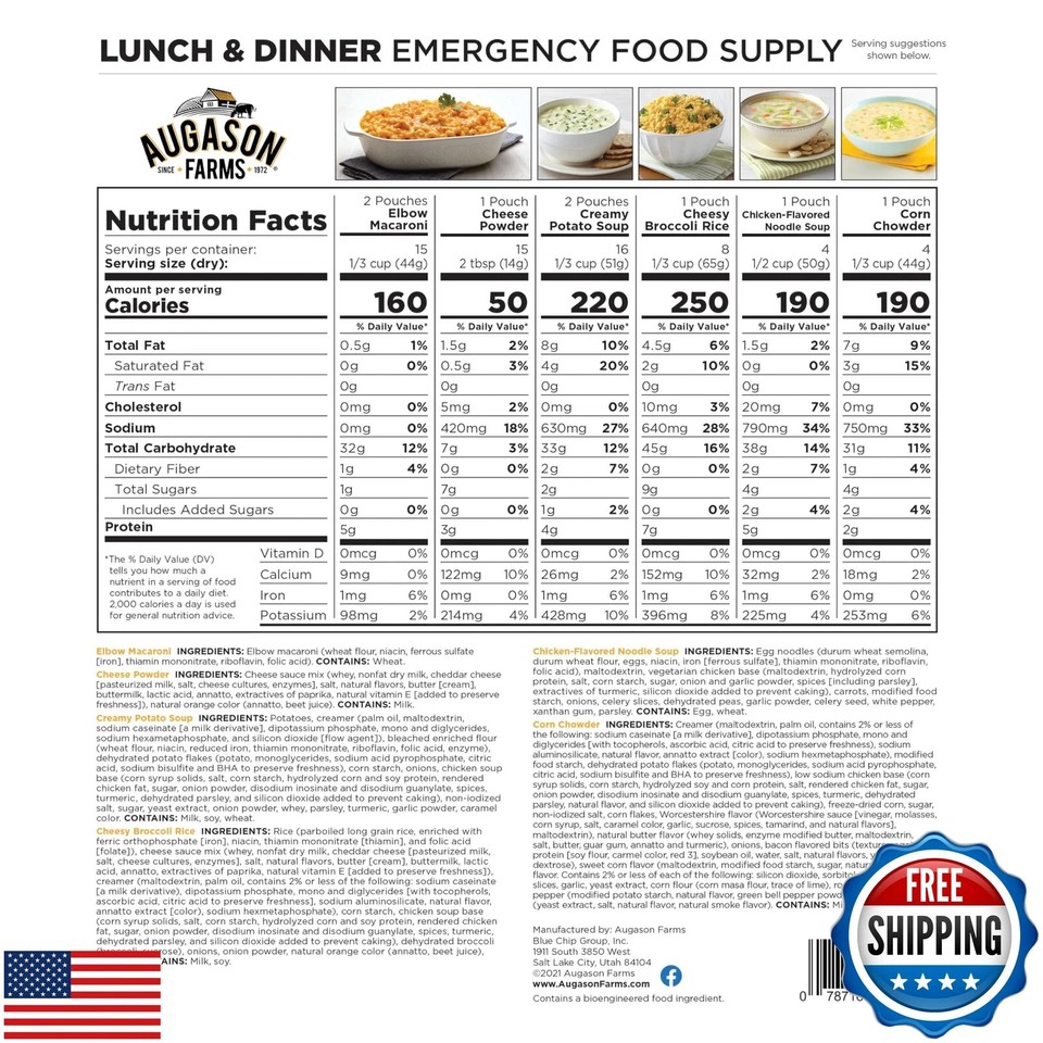 Augason Farms Lunch and Dinner Variety Pail Emergency Food Supply 4 ...