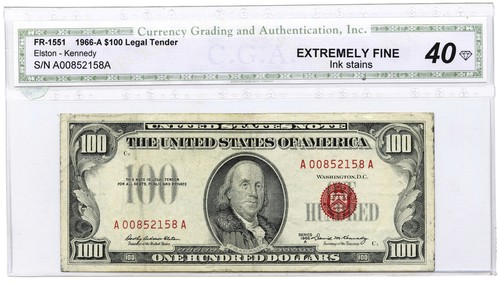 1966-A $100 United States Note - Red Seal Currency - Ink Stains - K43 ...