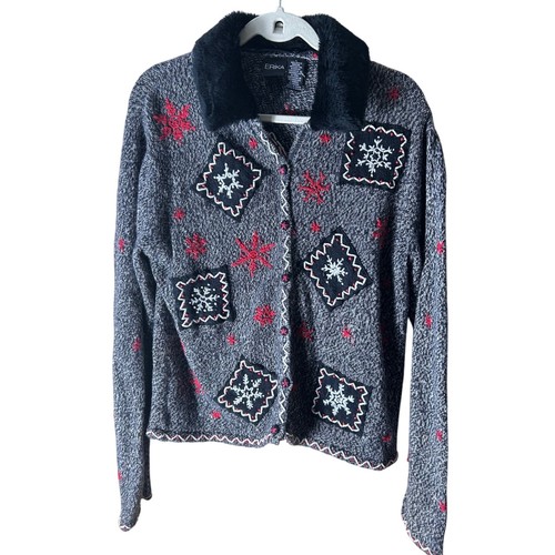 Erika Sweater Cardigan Gray Red Snowflake Knit Faux Fur Collar Holiday ...
