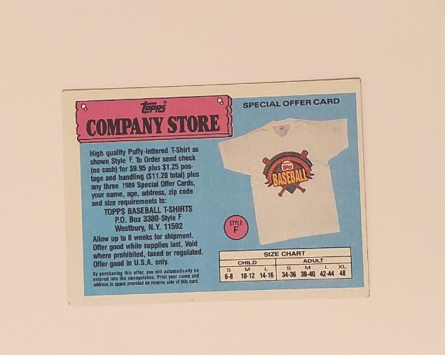 1989 Topps COMPANY STORE SPECIAL OFFER CARD CHOOSE YOUR CARD shirt hat ...