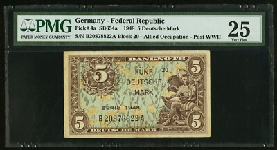 [PMG-25] 1948 Germany Federal Republic 5 Deutsche Mark P-4a B20878822A ...