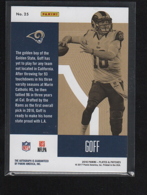 JARED GOFF 2016 PANINI PLATES AND PATCHES UPPER ECHELON ROOKIE CARD ...