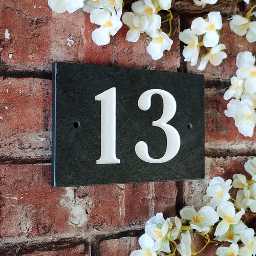 Deep Engraved Slate House sign, Personalised Door Number Plaque, White ...