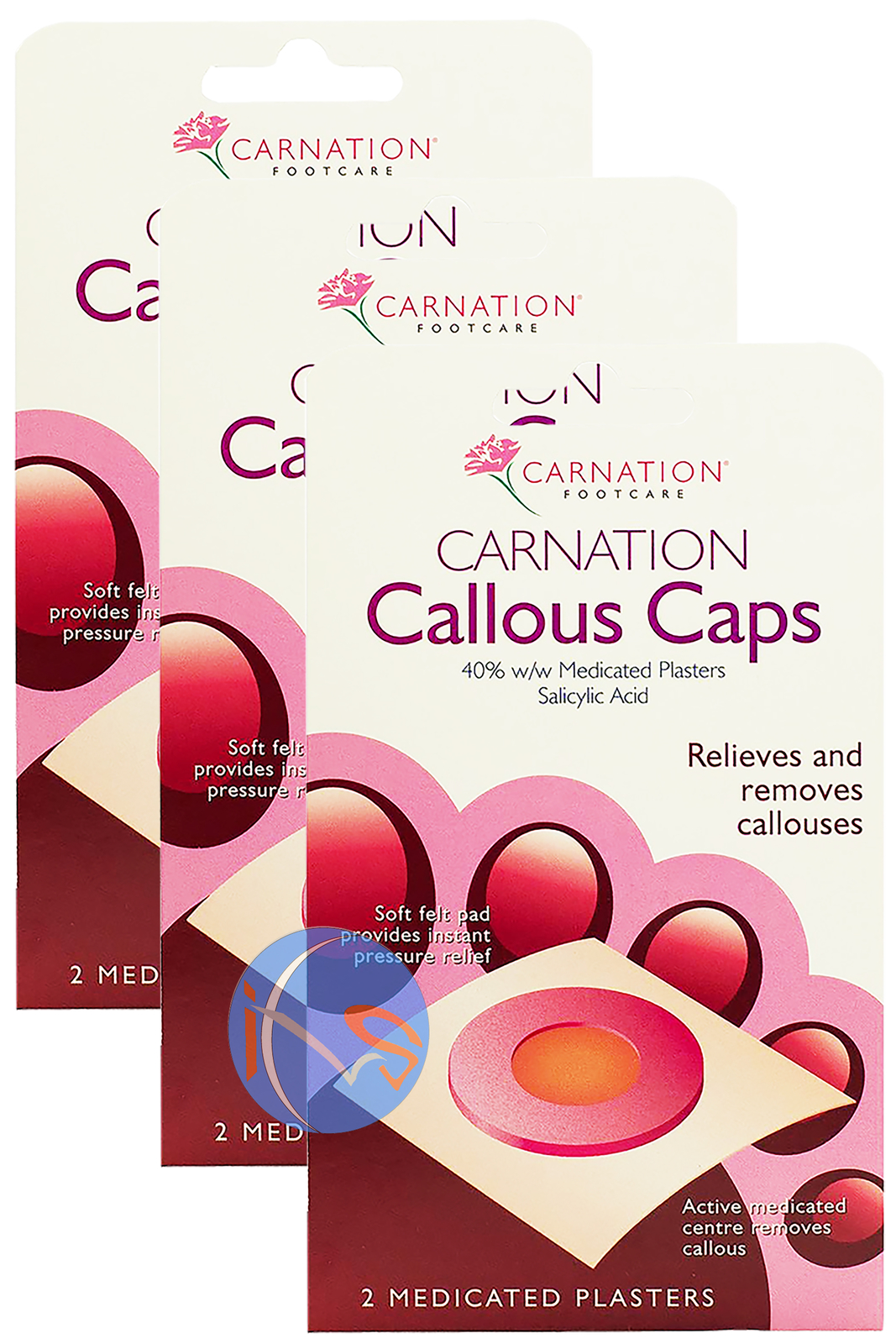 3 PACKS OF CARNATION CALLOUS CAPS (2 PLASTERS PER PACK) CALLOUS REMOVAL ...